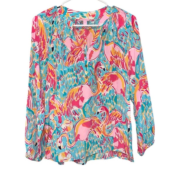 Lilly Pulitzer | Tops | Lilly Pulitzer Elsa Silk Flamingo Print Blouse ...